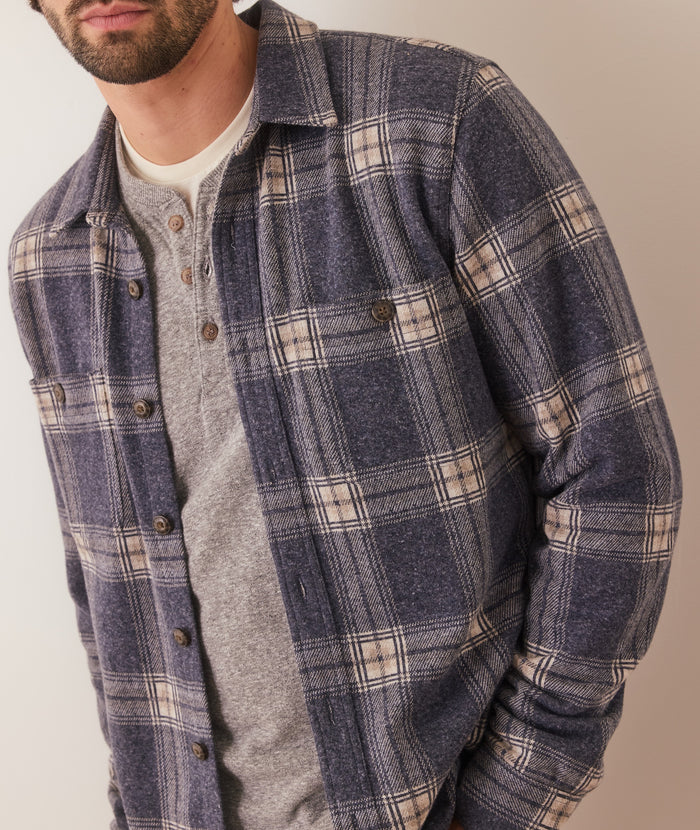 Marine Layer Pacifica Stretch Twill Shirt in Dark Blue Plaid
